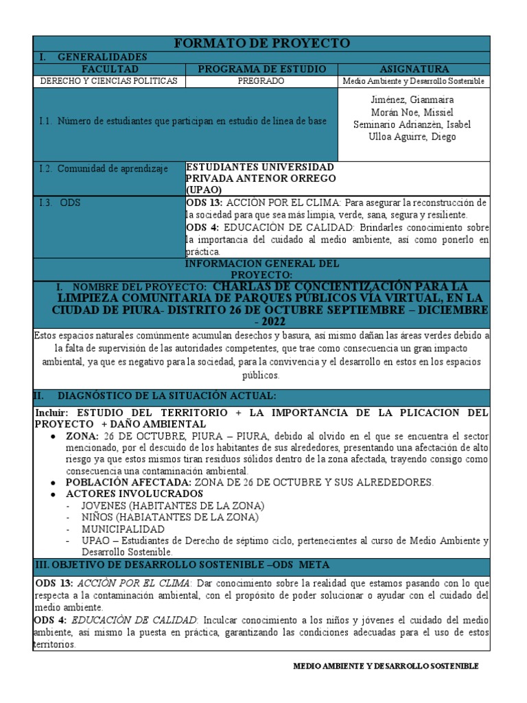 Formato Proy. - Medio Ambiente y Desarrollo Sostenible 2022 | PDF | Residuos | Desarrollo sostenible
