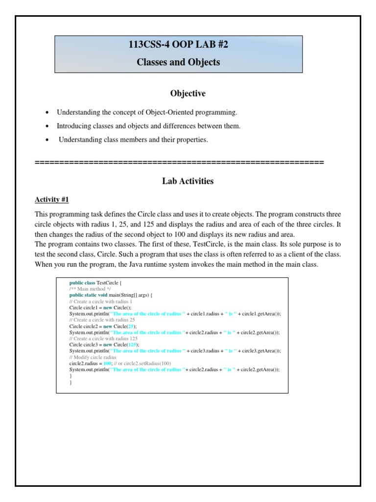 Lab2_Class and Objects | PDF | Method (Computer Programming) | Class (Computer Programming)