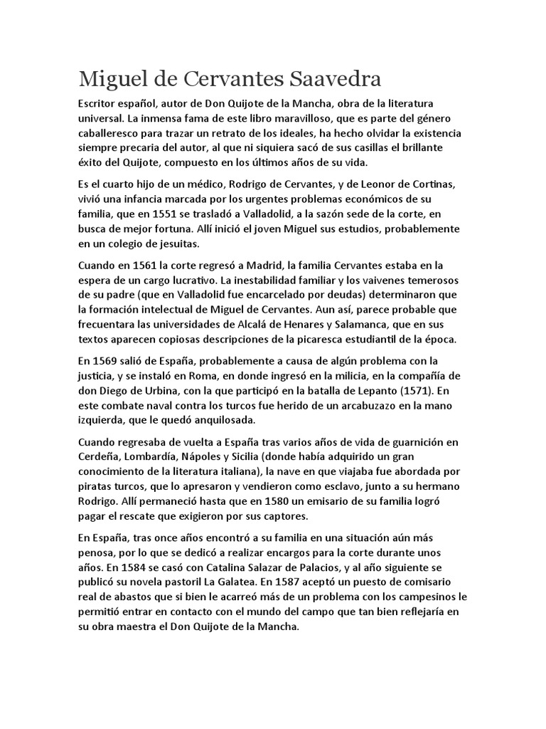 Miguel de Cervantes Saavedra BIOGRAFIA | PDF