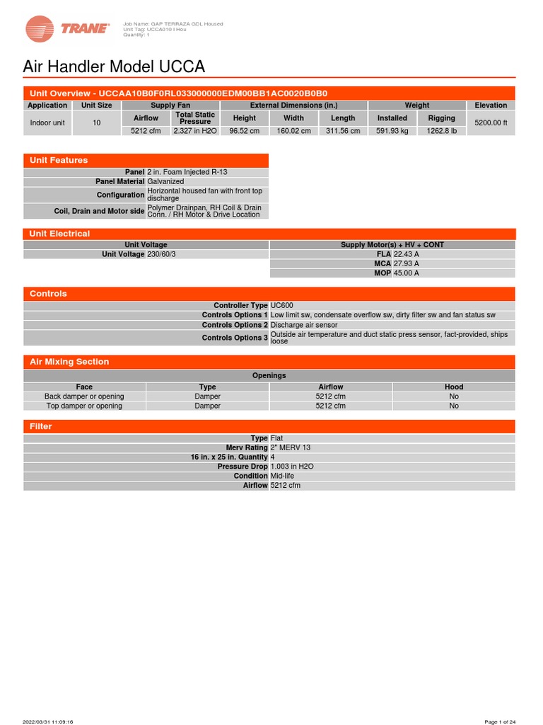 Unit Overview and Specifications for a 10-Ton Hydronic Cooled Indoor ...