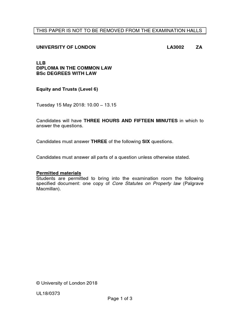 Trusts L6 Exam 2018 A | PDF | Trust Law | Justice