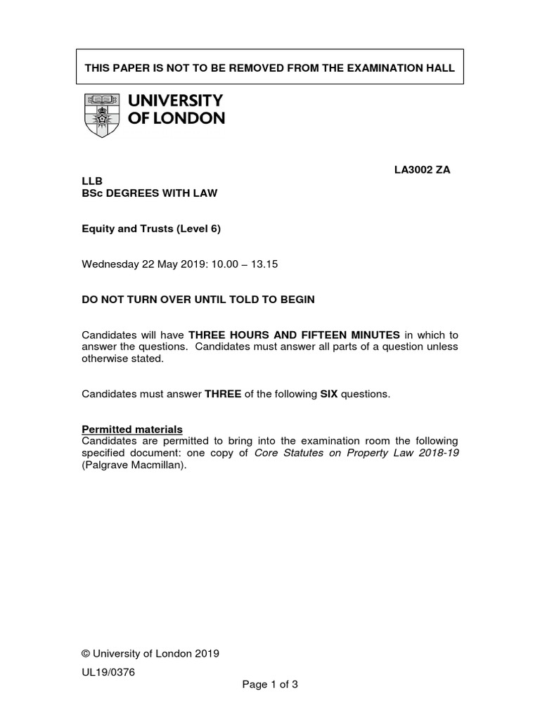 Trusts L6 Exam 2019 A | Download Free PDF | Trust Law | Beneficiary (Trust)