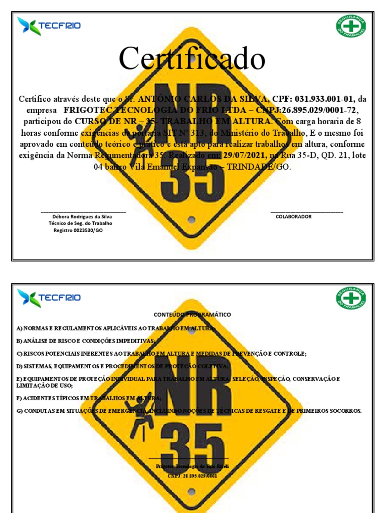 Certificado NR 35 | PDF