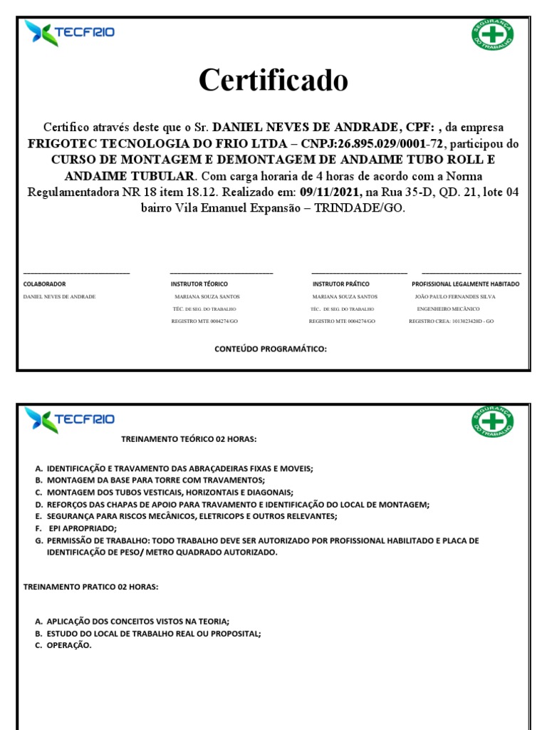 Certificado NR 18 MONTAGEM E DESMONTAGEM DE ANDAIME | PDF