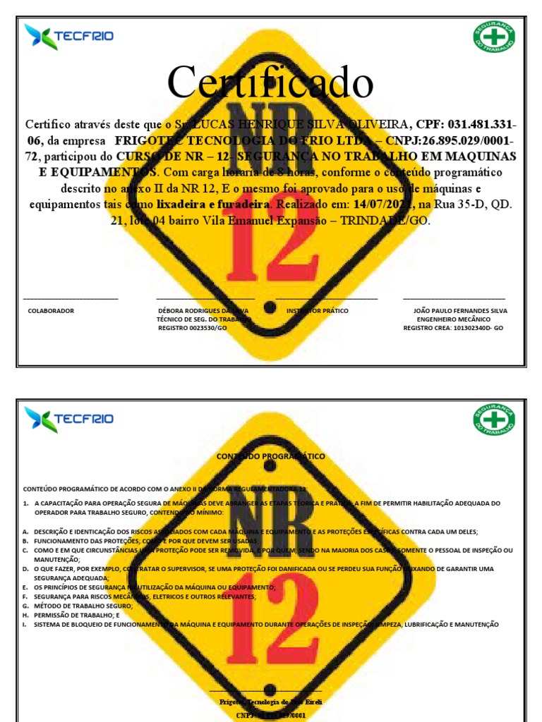 Certificado NR 12 | PDF