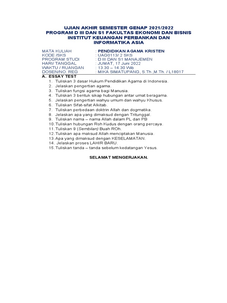 Soal Uas 2022 Perbanas | PDF