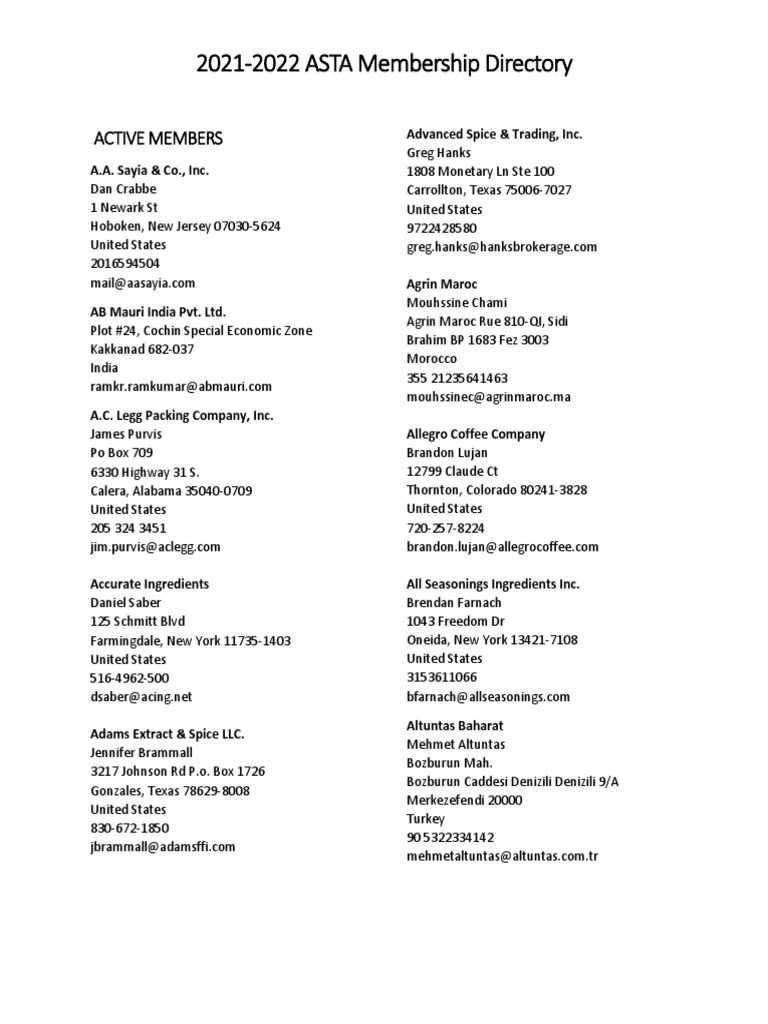 ASTA Membership Directory 2022 | PDF | Food And Drink | Companies Of ...