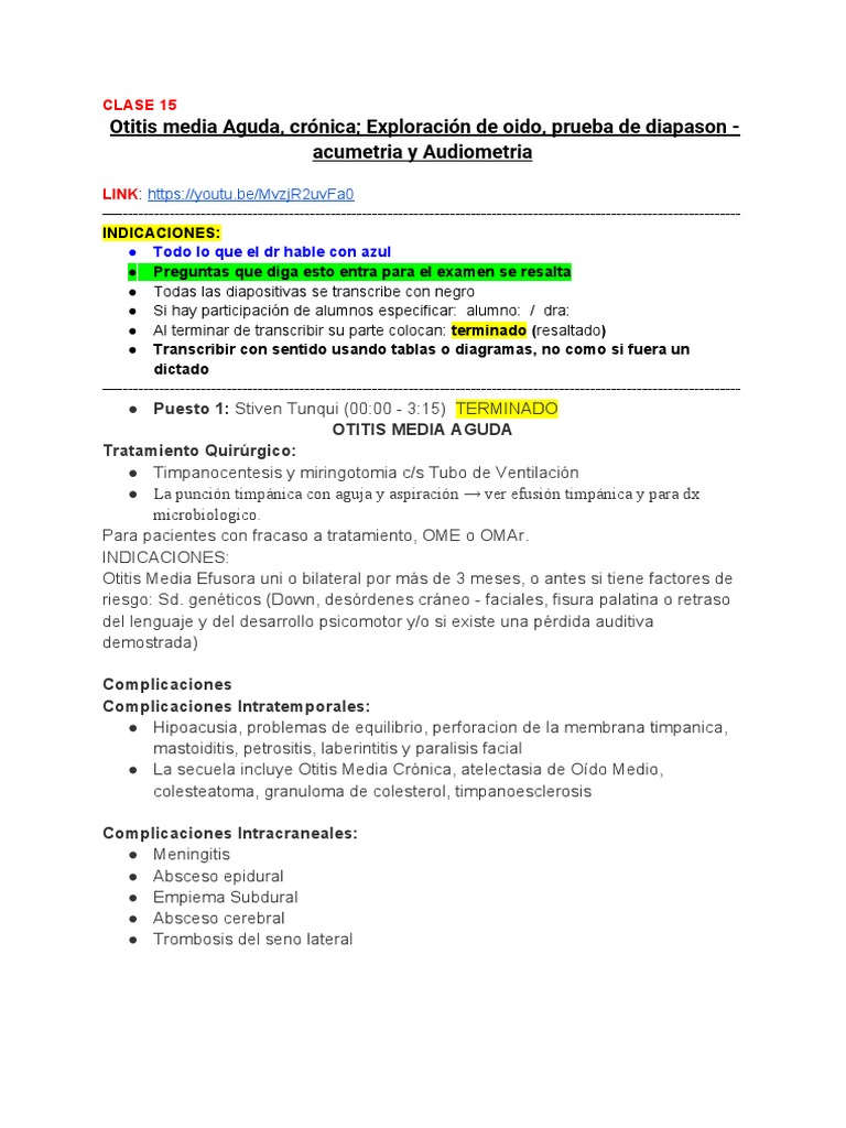 Otitis Media Aguda, Crónica Exploración de Oido, Prueba de Diapason ...