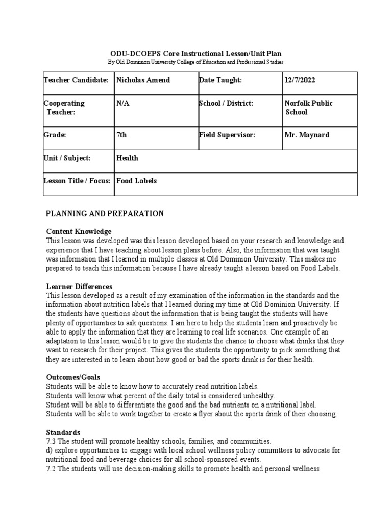 Nutrition Lesson Plan | PDF | Lesson Plan | Teachers