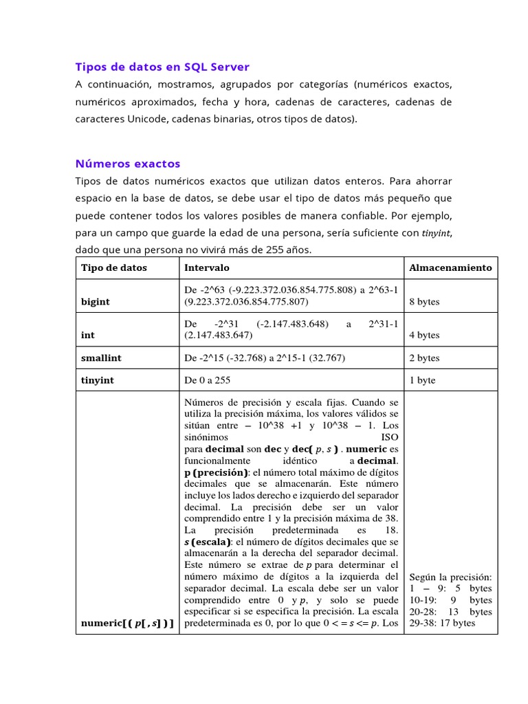 Tipos de Datos SQL Server | PDF | Byte | Tipo de datos