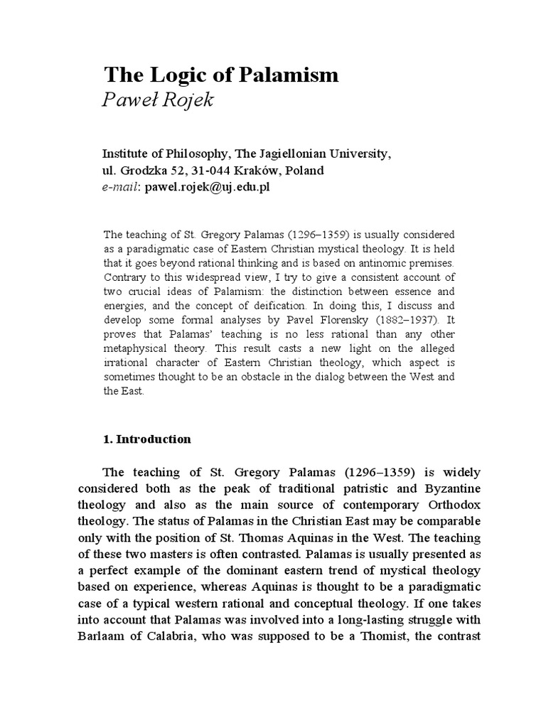 Pawel Rojek - The Logic of Palamism | PDF | Theology | Metaphysics