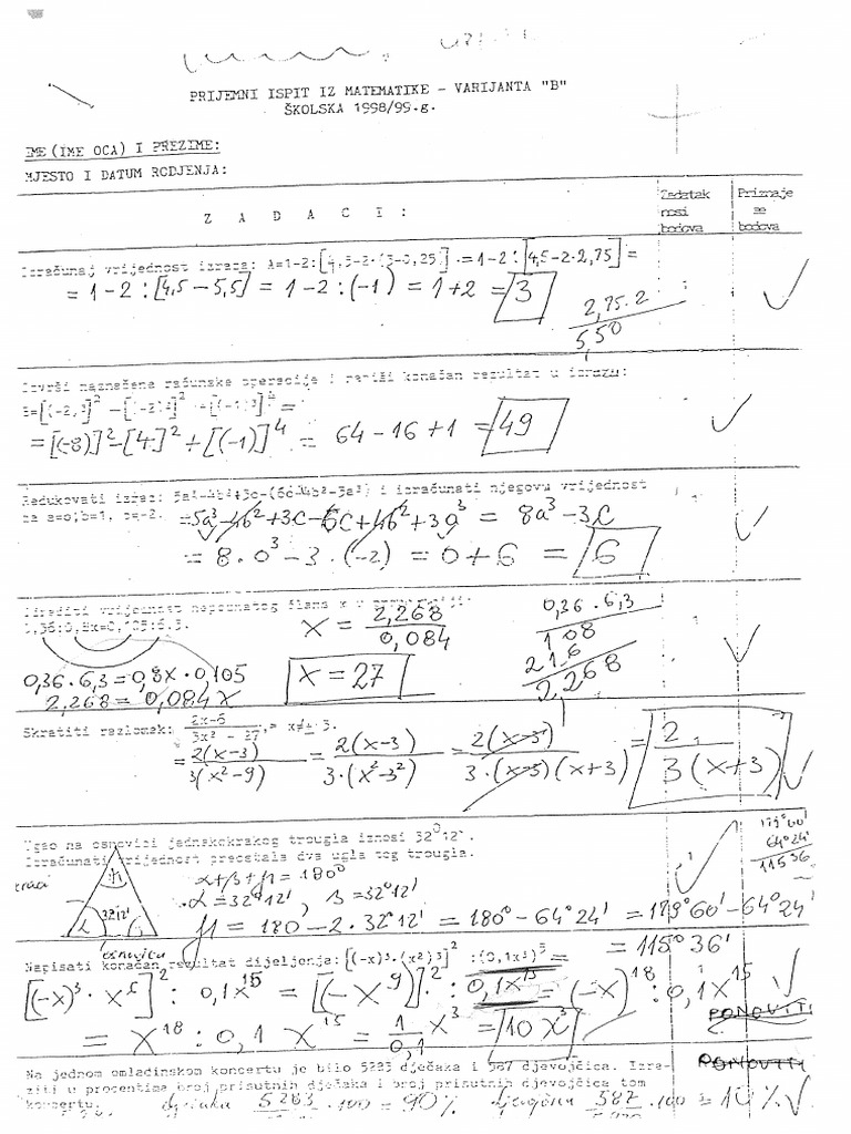 Prijemni Ispit Iz Matematike 1998 | PDF