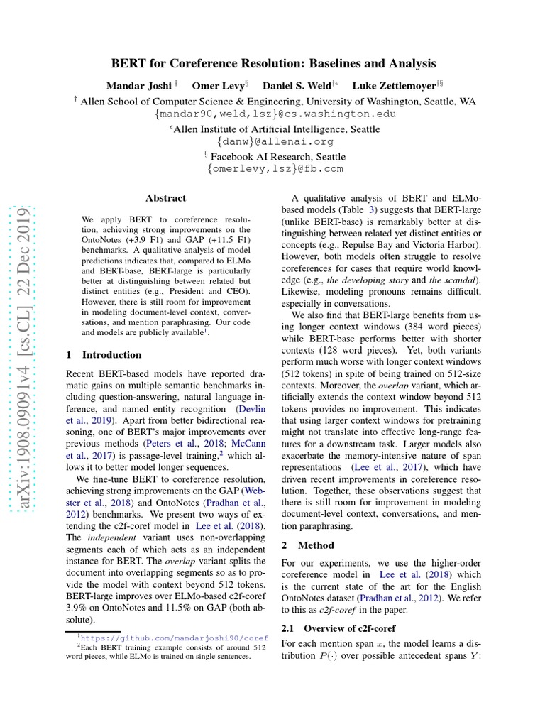 BERT For Coreference Resolution: Baselines and Analysis | PDF | Cognitive Science | Applied ...