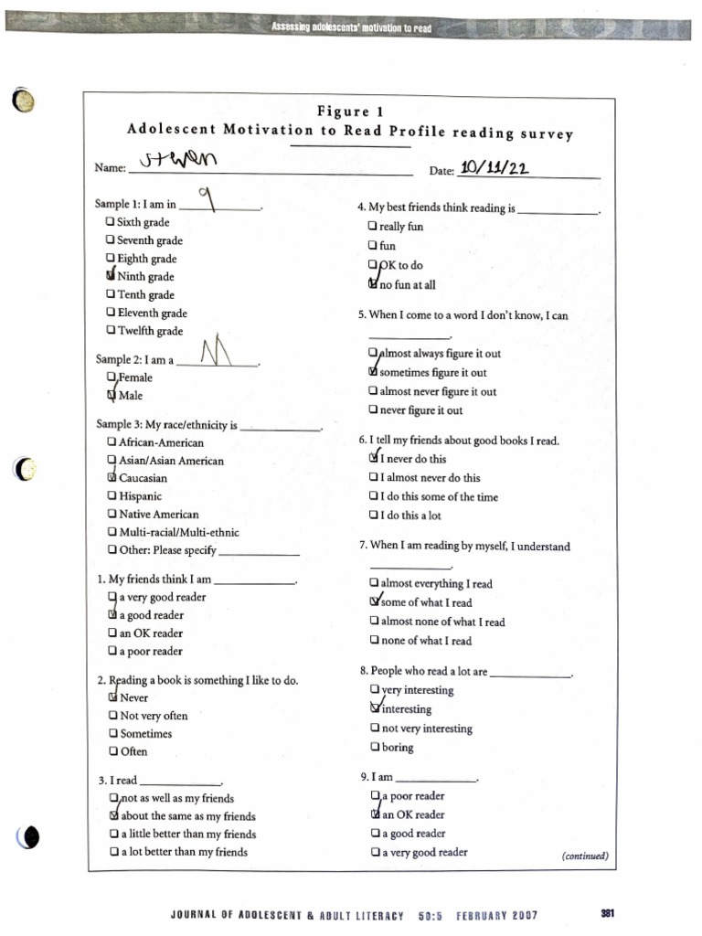 Adolescent Motivation To Read Profile Reading Survey Case Study | PDF ...