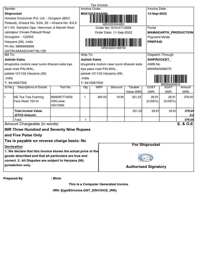 INR Three Hundred and Seventy Nine Rupees and Five Paise Only Tax Is ...