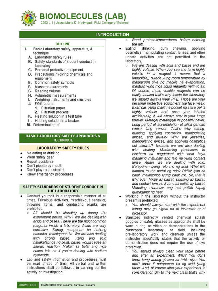 BIOCHEM LAB - Introduction To Biochemistry | PDF | Filtration | Laboratories