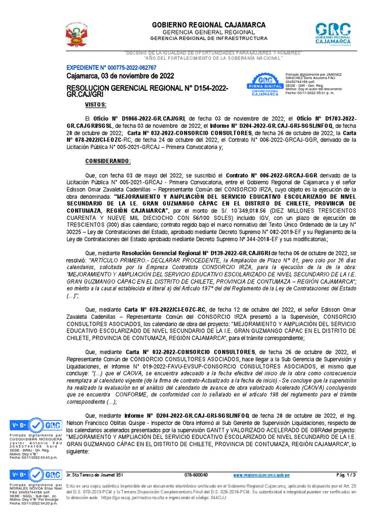 Resolucion Gerencial Regional #D154-2022-GR - Caj-Gri | PDF | Ciencias Políticas | Justicia