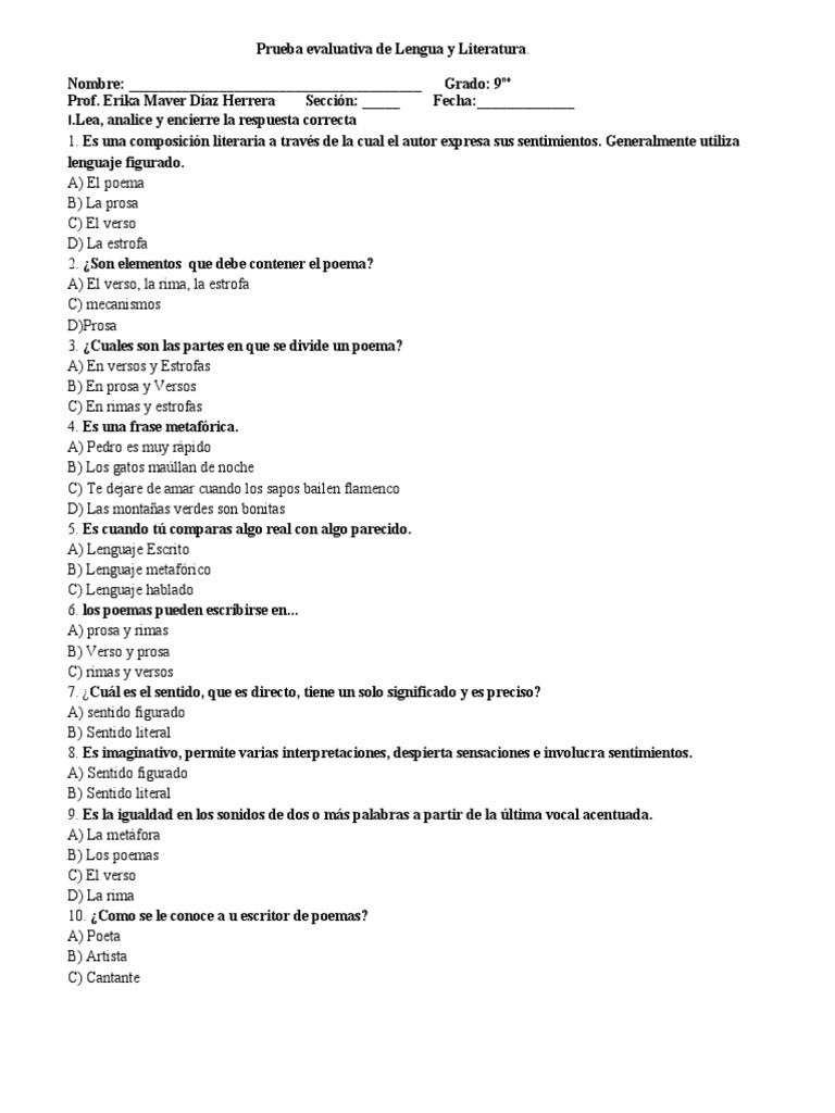 Prueba de Poema 2021 | PDF