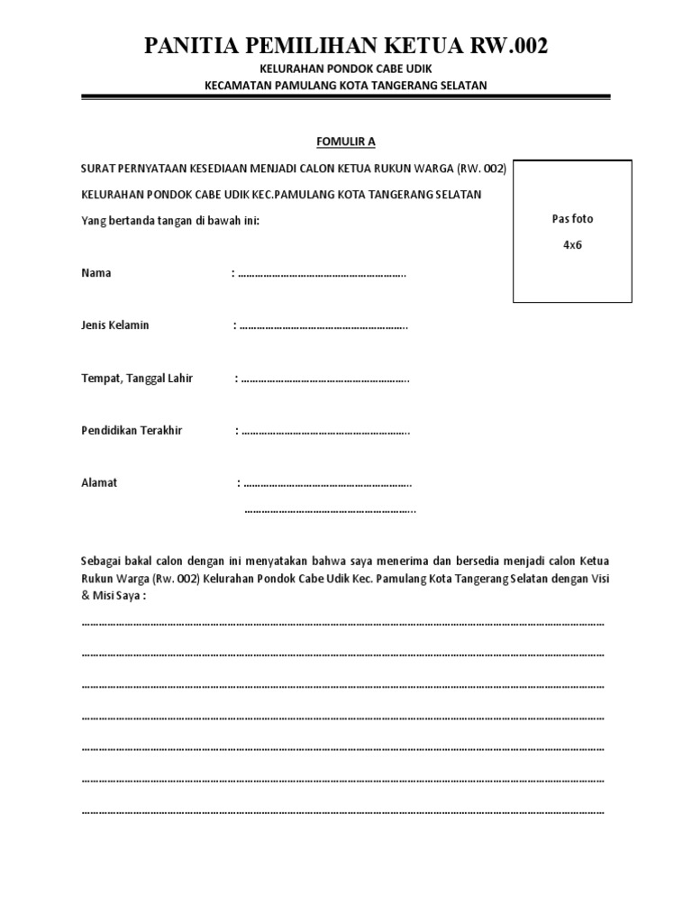 Formulir-Pendaftaran-Calon-Ketua-Rw 002 | PDF Formulir-Pendaftaran-Calon-Ketua-Rw 002 | PDF