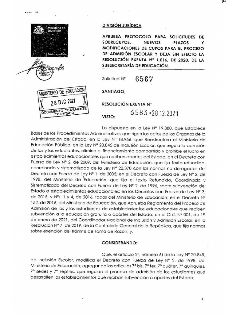 Rex. Nº6583 Del 28.12.2021 Protocolo Sobrecupos Excedente Plazos ...