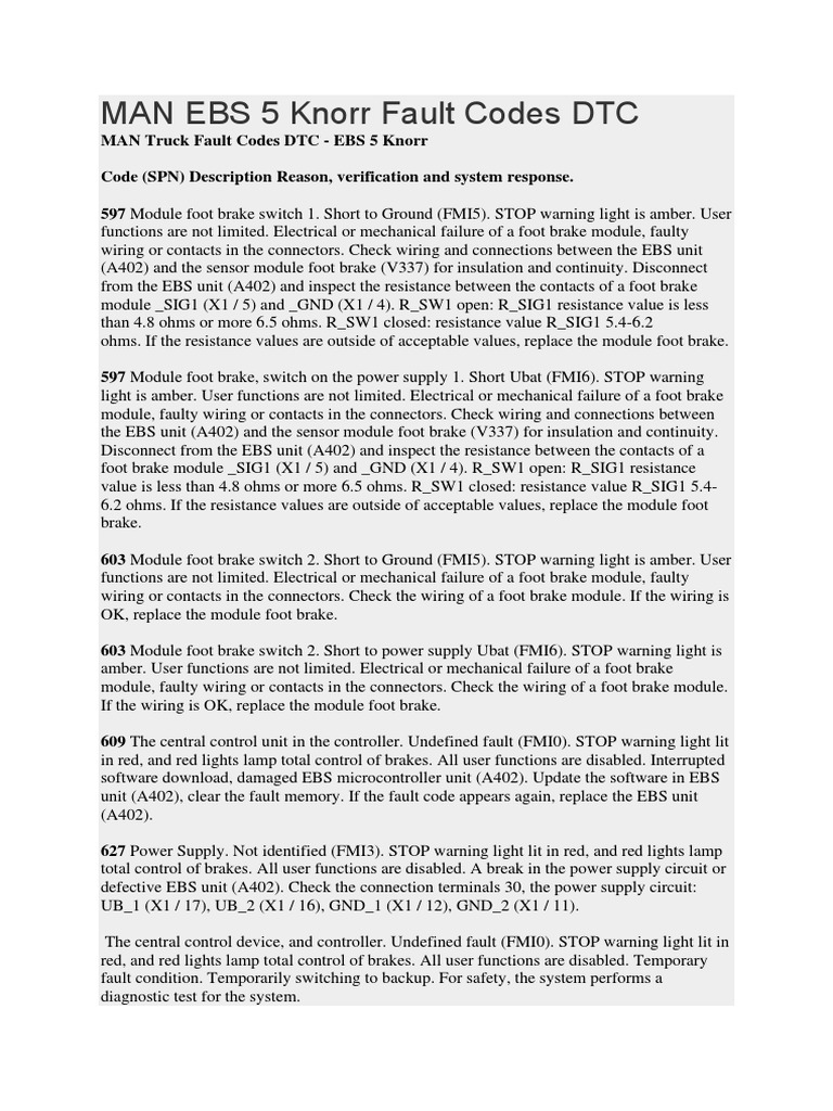 MAN EBS 5 Knorr Fault Codes DTC | PDF | Anti Lock Braking System ...