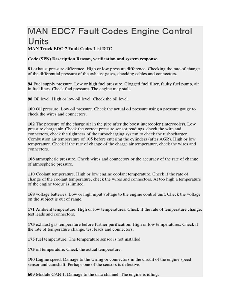 MAN EDC7 Fault Codes Engine Control Units | PDF