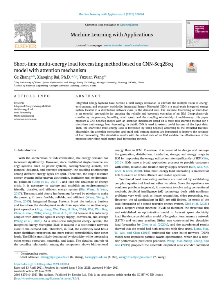 Short Time Multi Energy Load Forecasting Method Based 2021 Machine