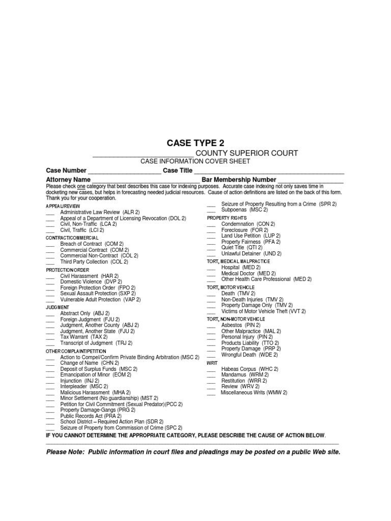 Case Type 2 Cover Sheet | PDF | Tort | Judgment (Law)