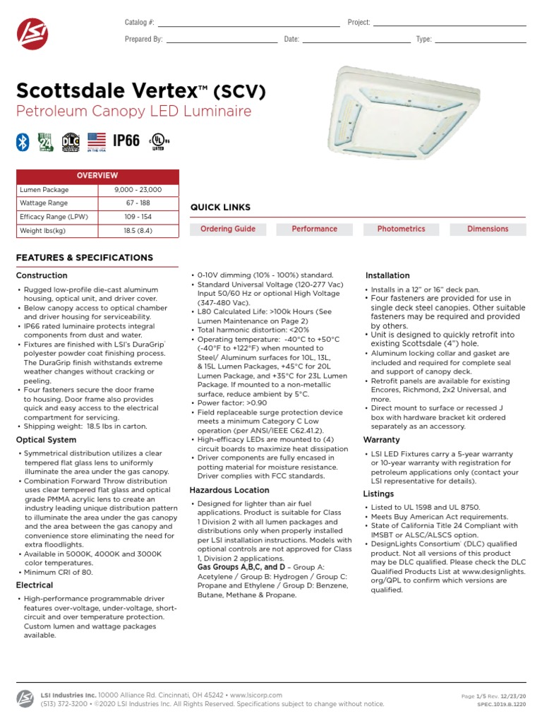 Lsi SCV Spec Sheet Canopy | PDF | Lighting