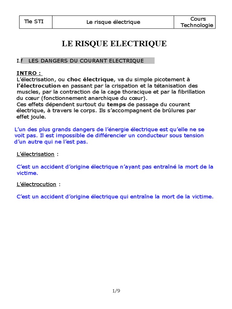 Cours 1 - Le Risque Electrique | PDF | Électromagnétisme | Électrotechnique