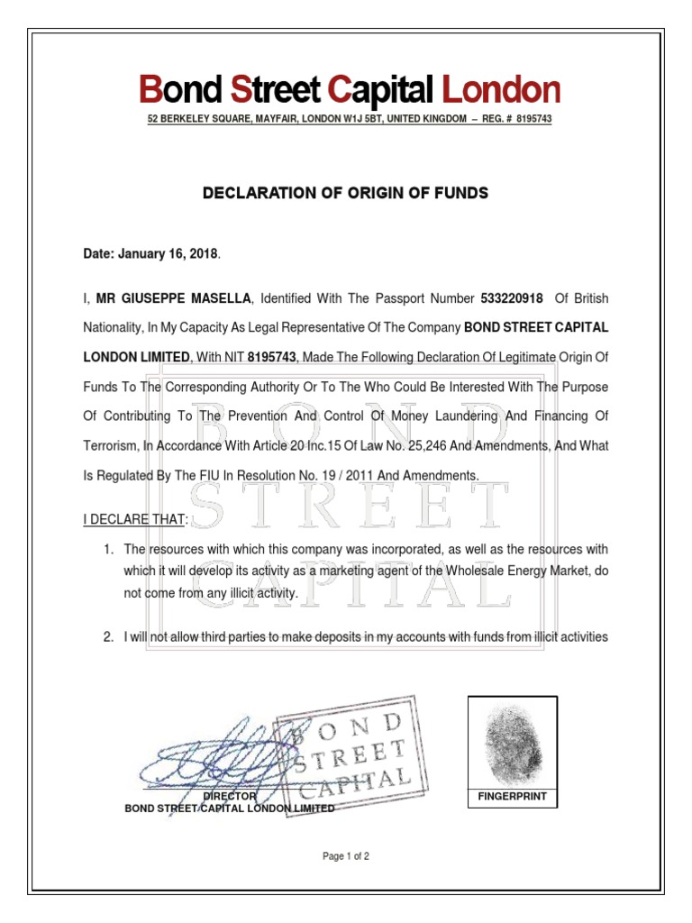 DECLARATION OF ORIGIN OF FUNDS | PDF