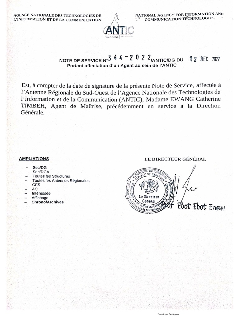 NOTE DE SERVICE No 344-2022 PORTANT AFFECTATION D'UN AGENT AU SEIN DE L ...