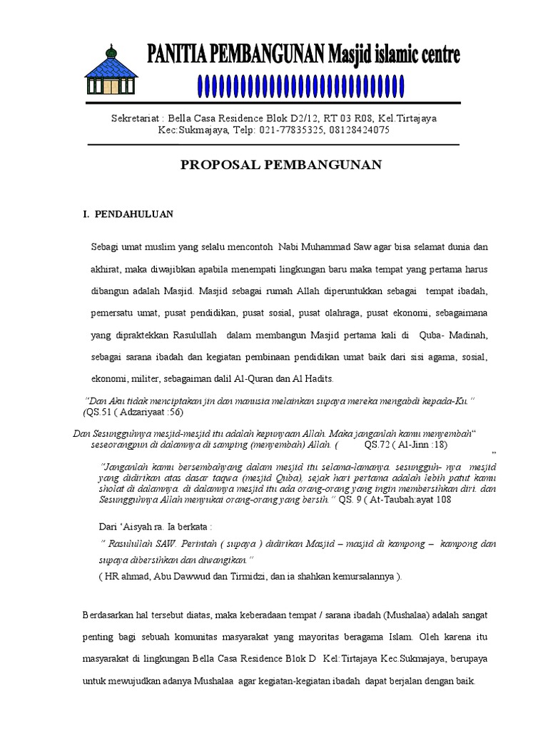 Proposal Pembangunan Masjid Islamic Centre | PDF