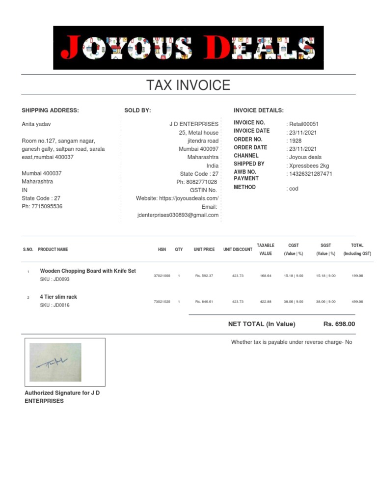 Tax Invoice for Wooden Chopping Board and Slim Rack | PDF | Public Law ...