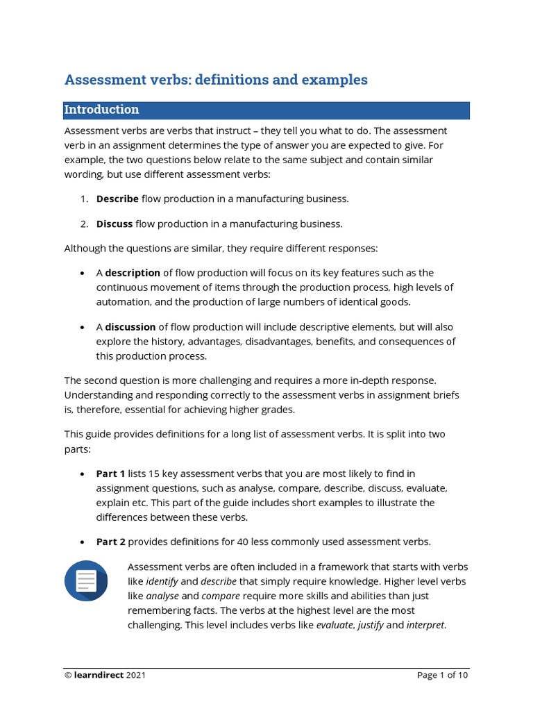Assessment Verbs - Definitions and Examples v1 | PDF