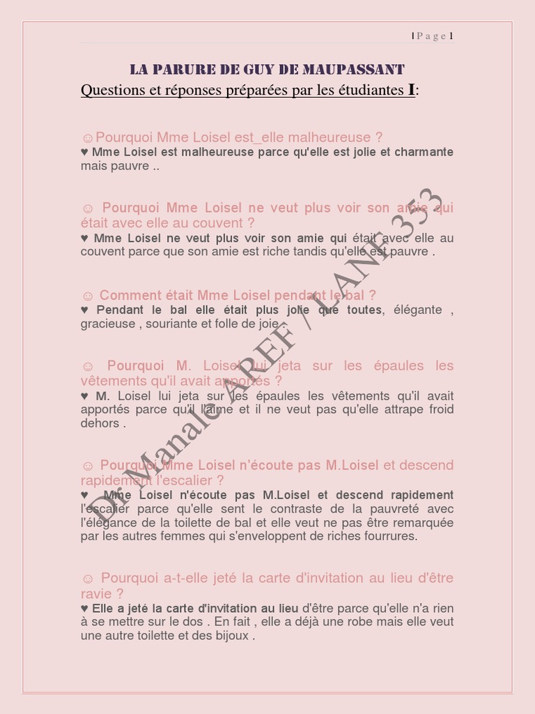 La Parure Questions I | PDF | Mode de vie