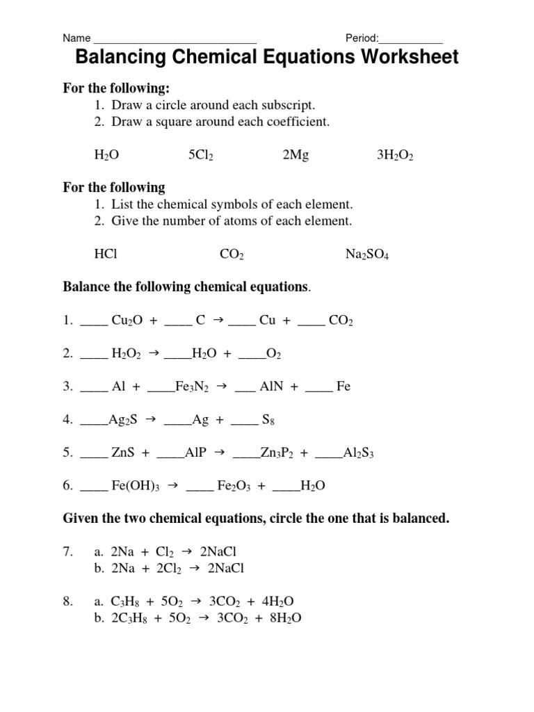 Balancing Chemical Equations Worksheet: For The Following | PDF ...