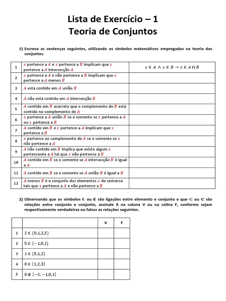 Lista de Exercício - 1 - Bases Matemáticas - Teoria de Conjuntos | Download grátis PDF ...
