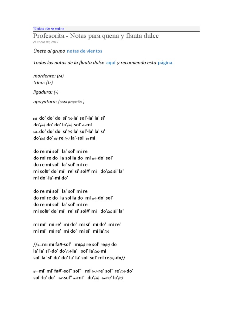 Notas de "Profesorita" para Flauta y Quena | PDF