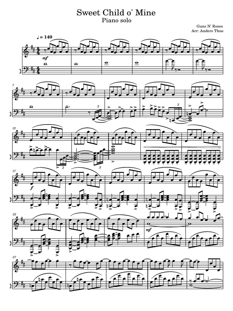 Sweet Child o' Mine Piano Solo Sheet Music | PDF