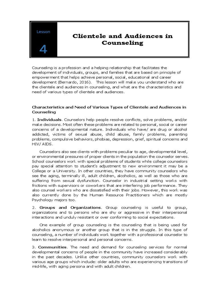 LESSON 4 - Clientele and Audiences in Counseling - 0 | PDF | Counseling ...