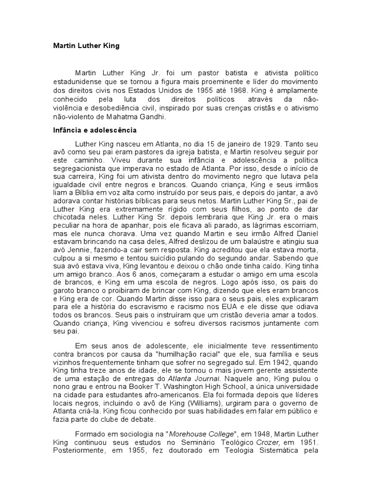 Biografia - Martin Luther King | PDF | Martin Luther King Jr. | Não ...