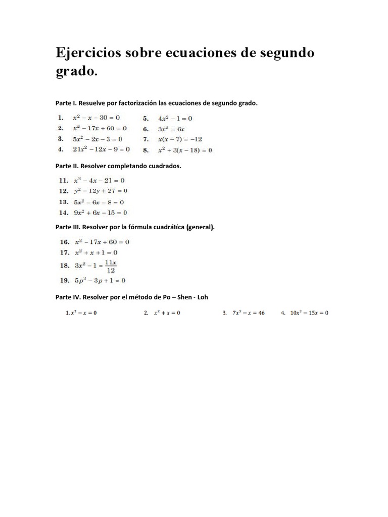 Ejercicios Sobre Ecuaciones de Segundo Grado | PDF