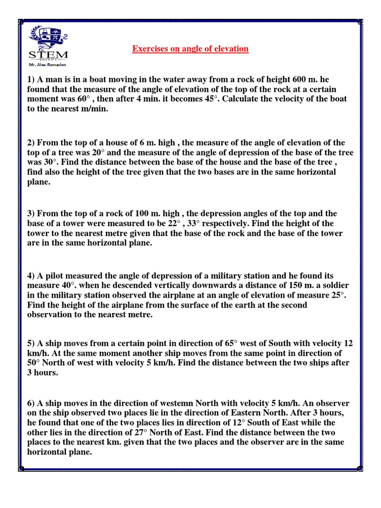 Exercises On Angle of Elevation | PDF