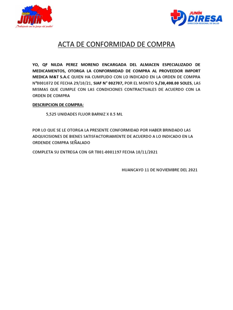 Acta de Conformidad de Compra | PDF