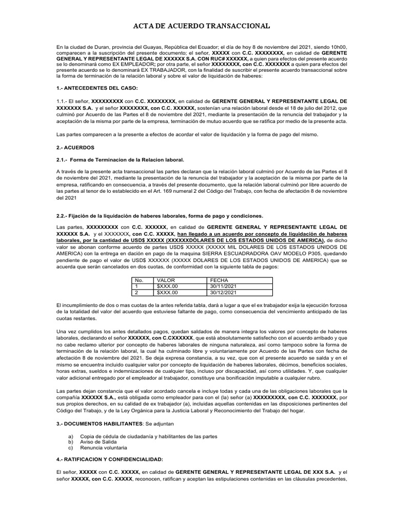 Acta Transaccional Ejem Plo | PDF