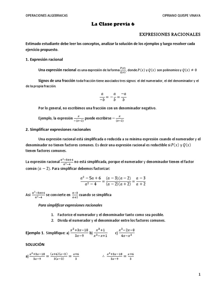 CLASES PREVIAS Expresiones Racionales | PDF | Factorización | Número ...