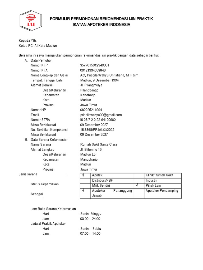 Formulir Permohonan Rekomendasi Ijin Praktik | PDF