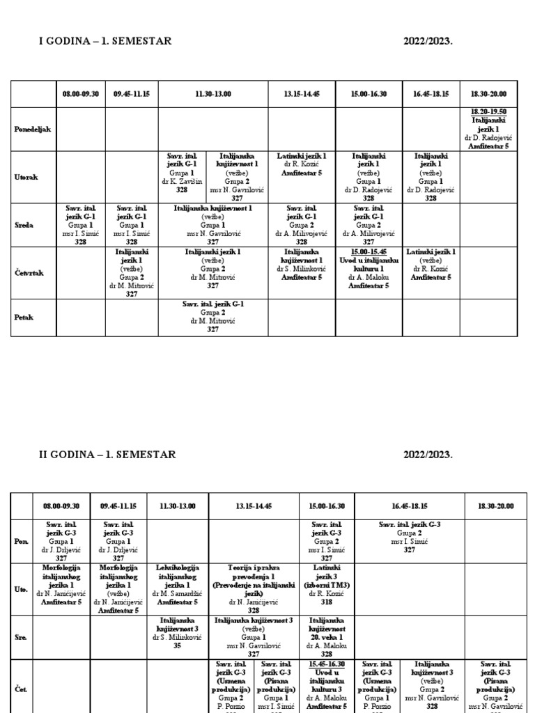 Raspored - 1. Semestar - 2022-2023 | PDF