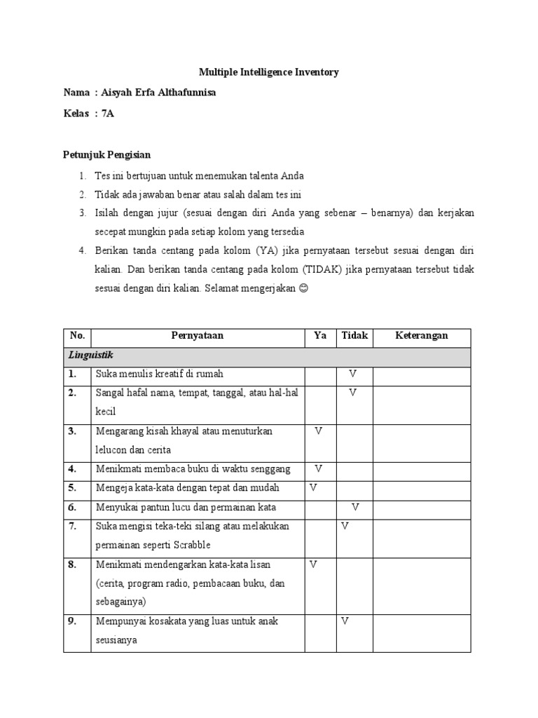 Multiple Intelligence Inventory | PDF